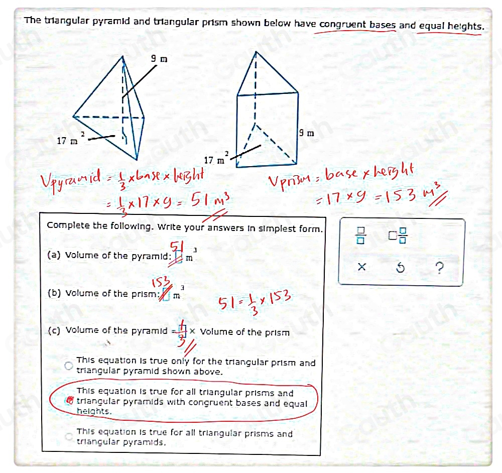 Solved: The triangular pyramid and triangular prism shown below have ...