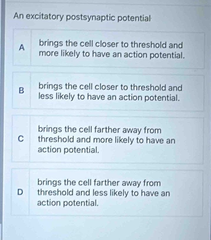 Solved: An excitatory postsynaptic potential brings the cell closer to ...