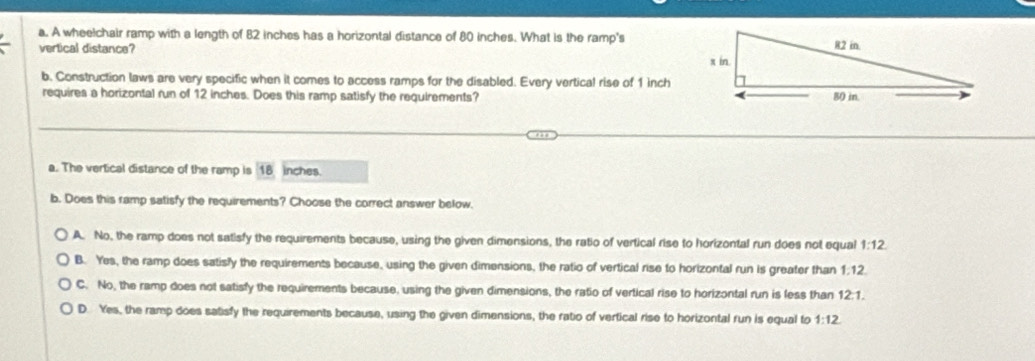 Solved: A wheelchair ramp with a length of 82 inches has a horizontal ...