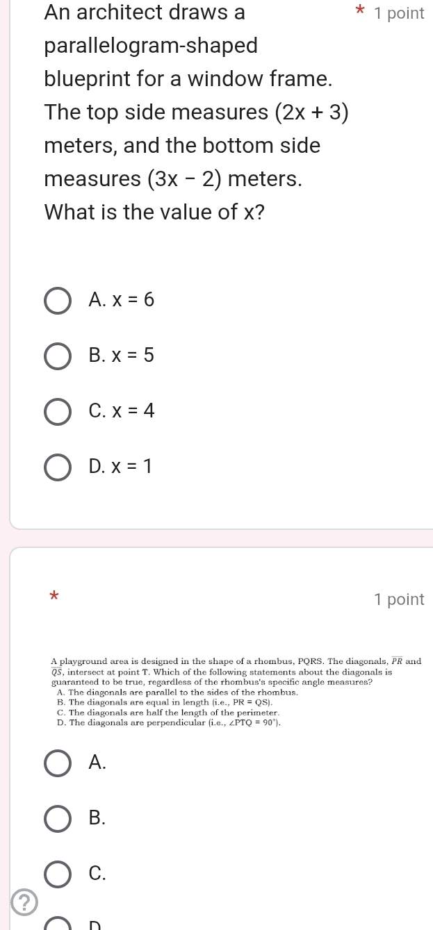 Solved: An architect draws a 1 point parallelogram-shaped blueprint for ...