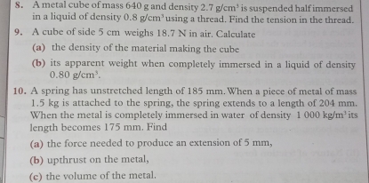 Solved: A metal cube of mass 640 g and density 2.7g/cm^3 is suspended ...