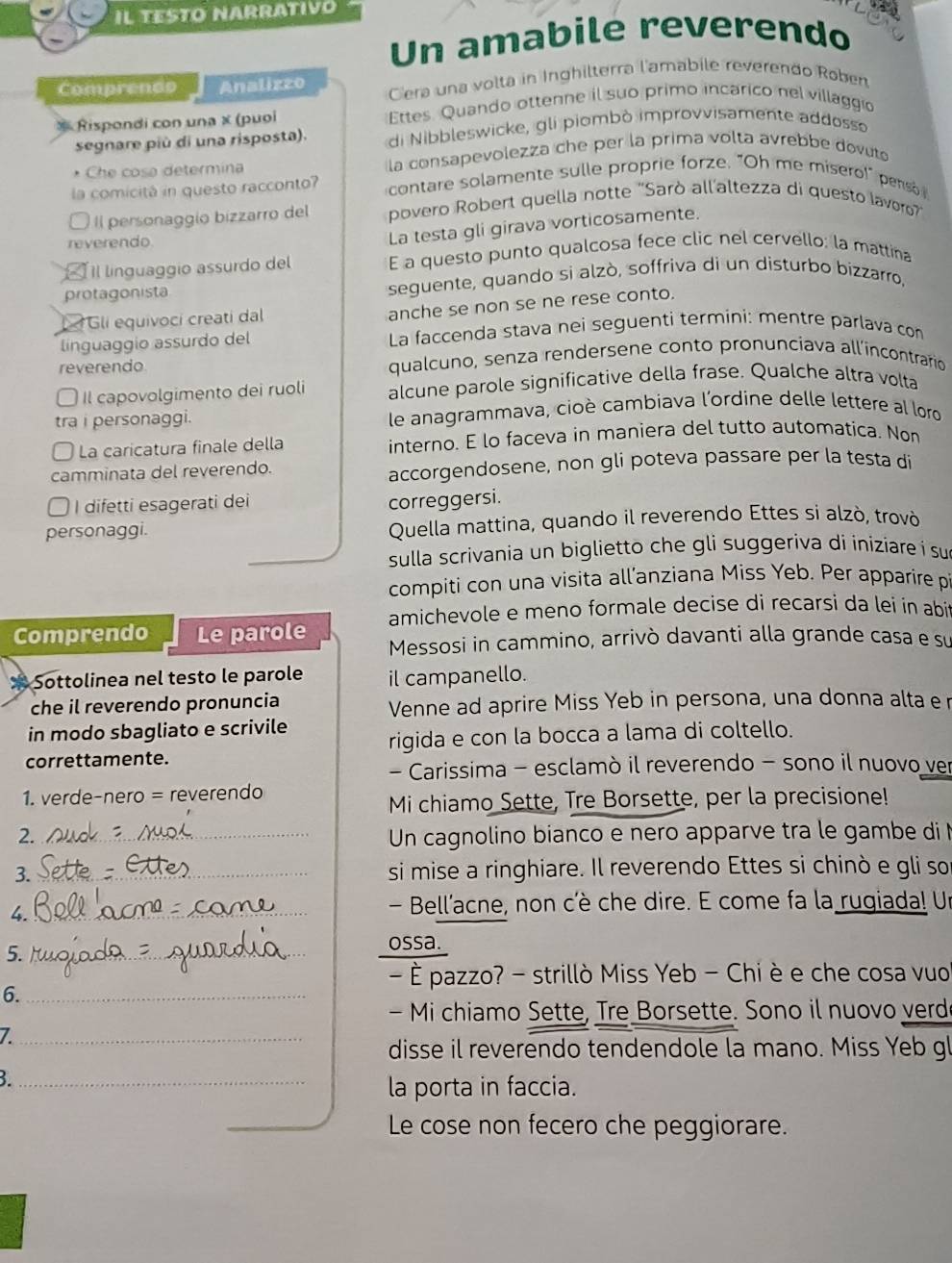 Risolto:Il testo narrativó Un amabile reverendo Comprenco Analizzo Cera ...