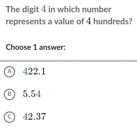 Solved: The digit 4 in which number represents a value of 4 hundreds ...