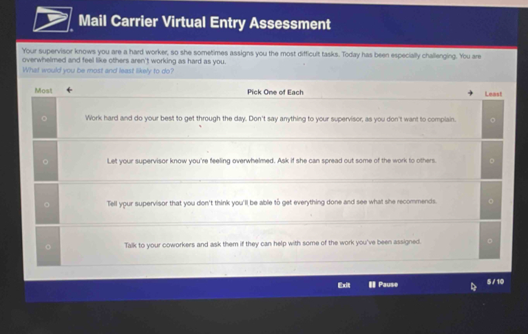 Solved: Mail Carrier Virtual Entry Assessment Your supervisor knows you ...