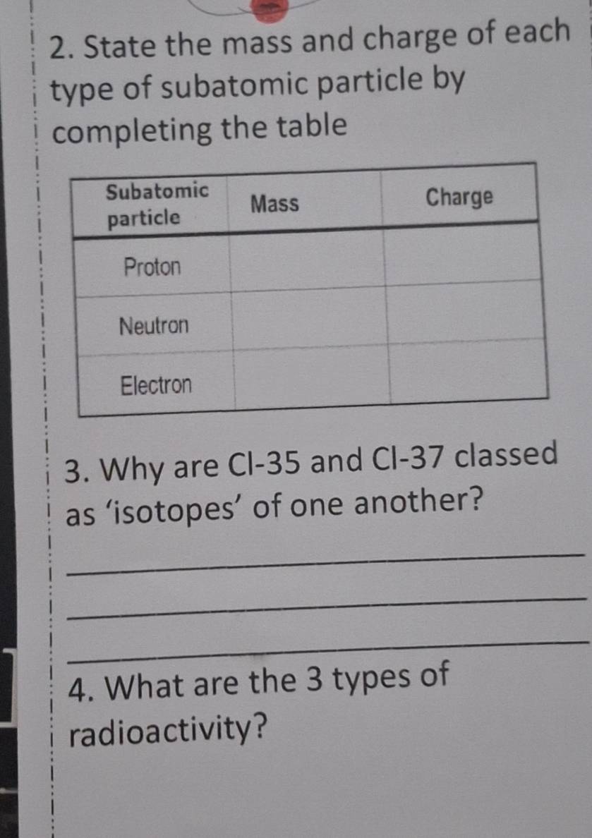 Solved: State the mass and charge of each type of subatomic particle by ...