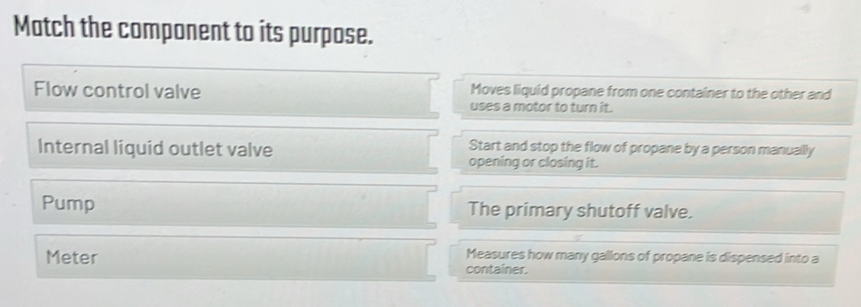 Solved: Match the component to its purpose. Flow control valve Moves liquid propane from one ...