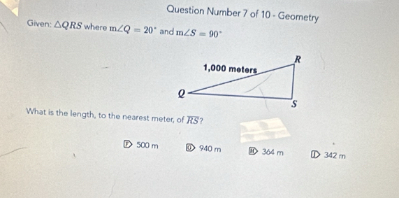 Solved: Question Number 7 of 10 - Geometry Given: QRS where m∠ Q=20 ...