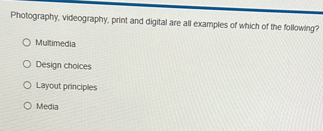 Photography, videography, print and digital are all examples of which ...
