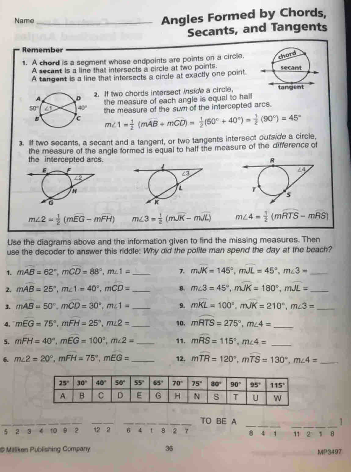 Solved: Name_ Angles Formed by Chords, Secants, and Tangents Remember 1 ...