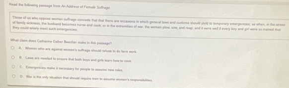 Solved: Read the following passage from An Address of Female Suffrage ...