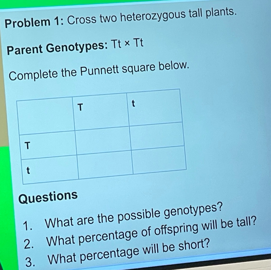 Solved: Problem 1: Cross two heterozygous tall plants. Parent Genotypes ...