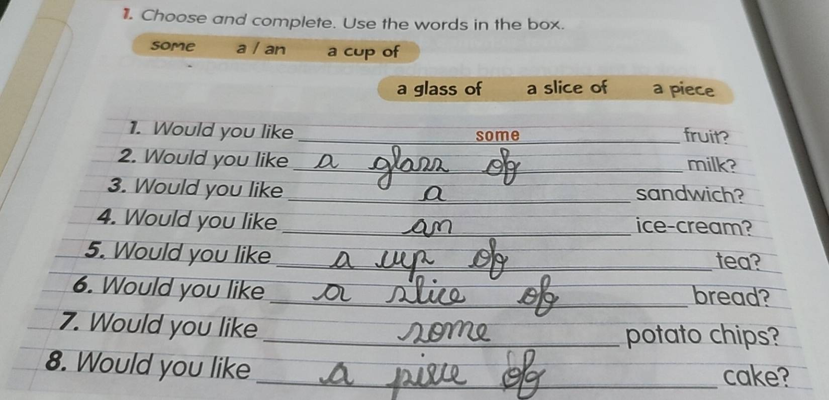 Resuelto:Choose and complete. Use the words in the box. some a / an a ...