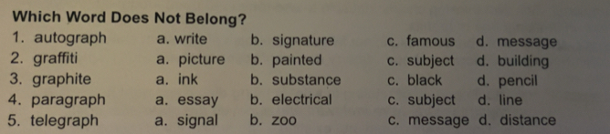 Solved: Which Word Does Not Belong? 1. autograph a. write b. signature c. famous d. message 2 ...