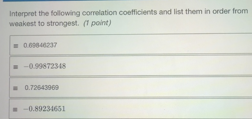 Solved: Interpret the following correlation coefficients and list them ...