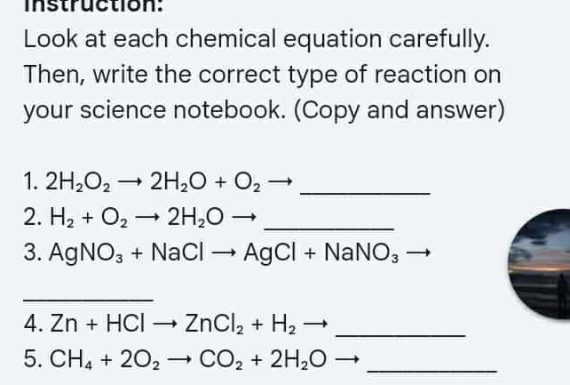 Solved: instruction: Look at each chemical equation carefully. Then ...