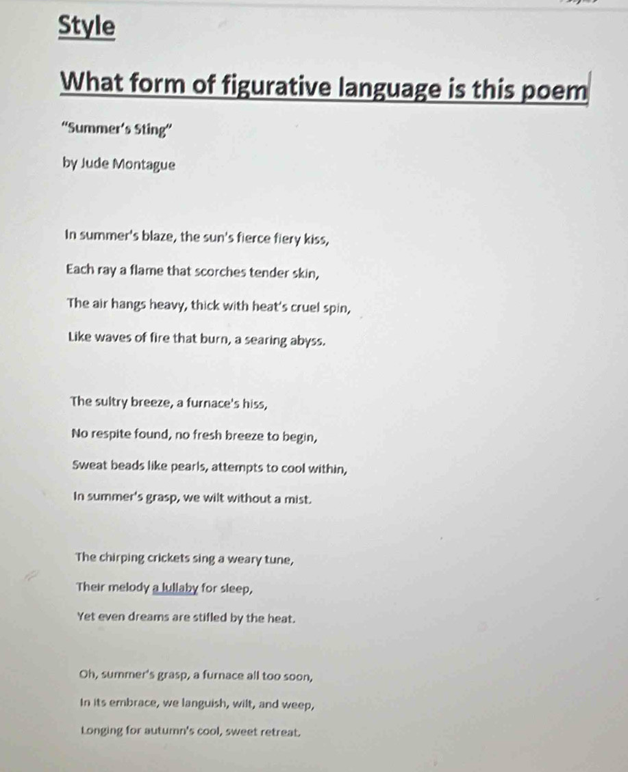 Solved: Style What form of figurative language is this poem “Summer’s ...