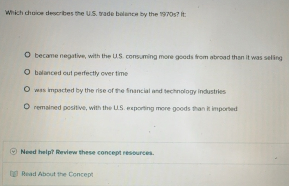Solved: Which choice describes the U.S. trade balance by the 1970s? It ...