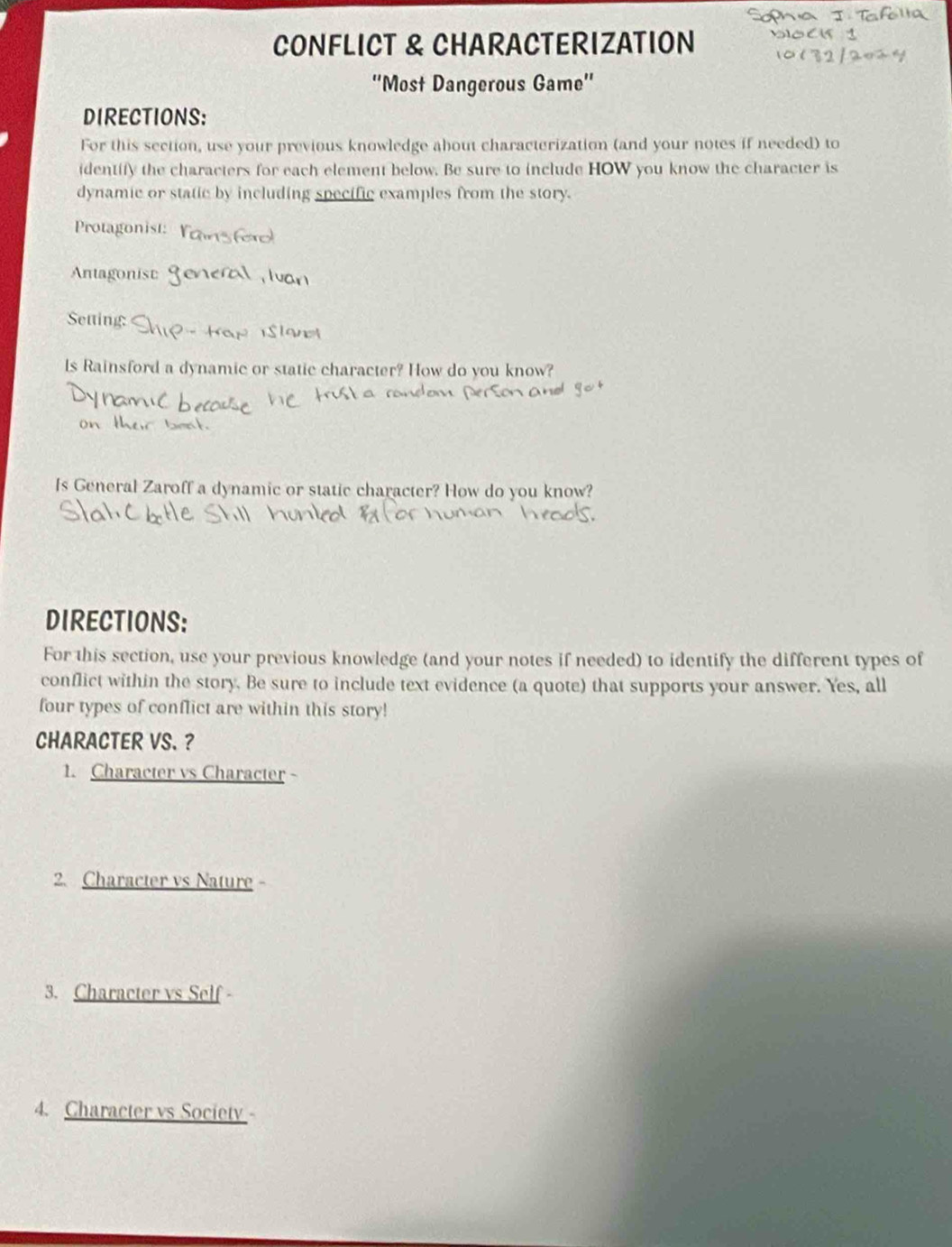 Solved: CONFLICT & CHARACTERIZATION ''Most Dangerous Game'' DIRECTIONS ...