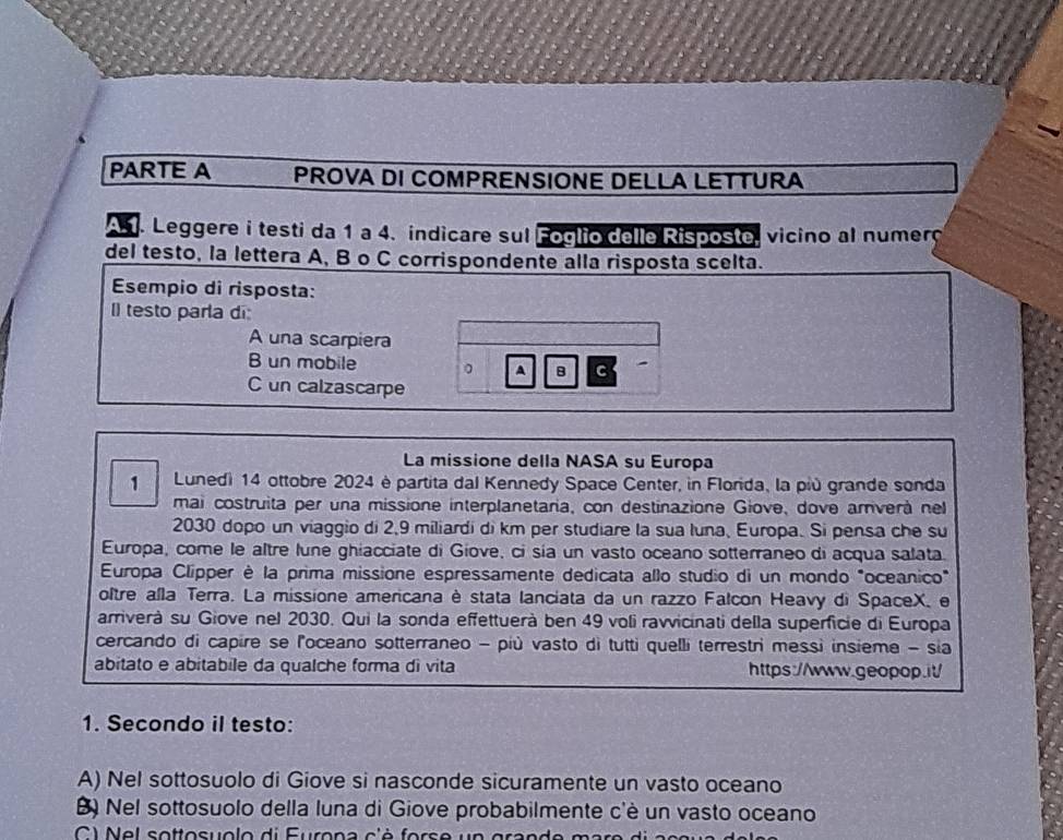Risolto:PARTE A PROVA DI COMPRENSIONE DELLA LETTURA A.1. Leggere i ...