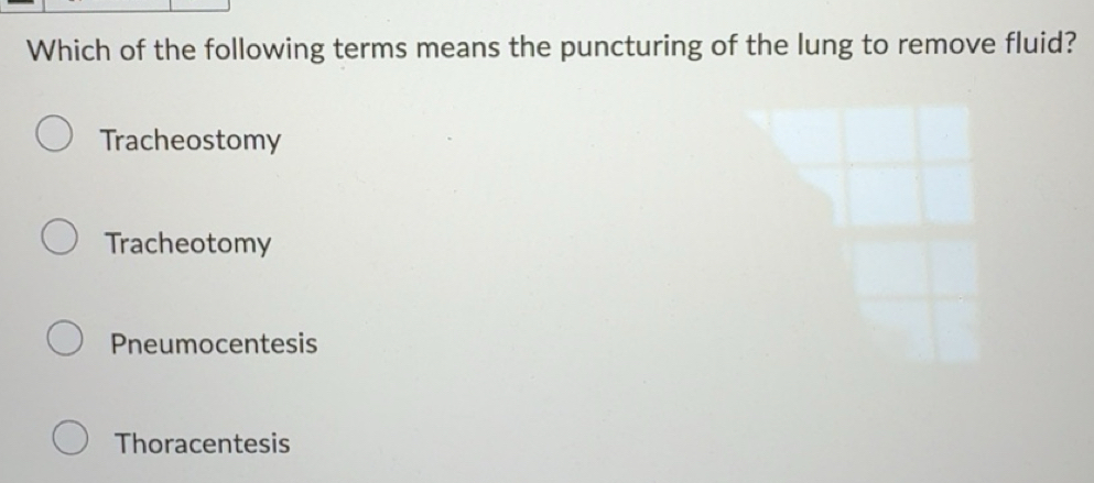 Solved: Which of the following terms means the puncturing of the lung ...