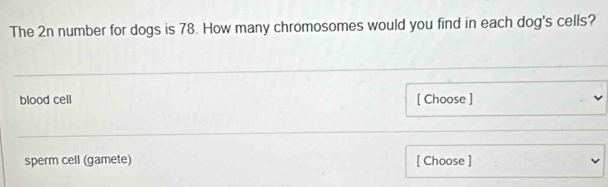 Solved: The 2n number for dogs is 78. How many chromosomes would you ...