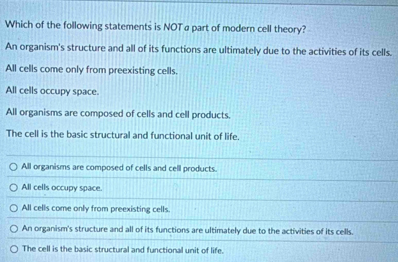 Solved: Which of the following statements is NOT a part of modern cell ...