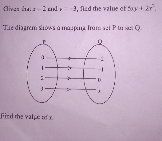 Solved: Given that x=2 and y=-3 , find the value of 5xy+2x^2. The diagram shows a mapping from ...