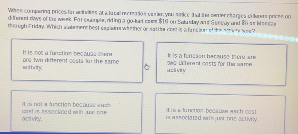 Solved: When comparing prices for activities at a local recreation ...