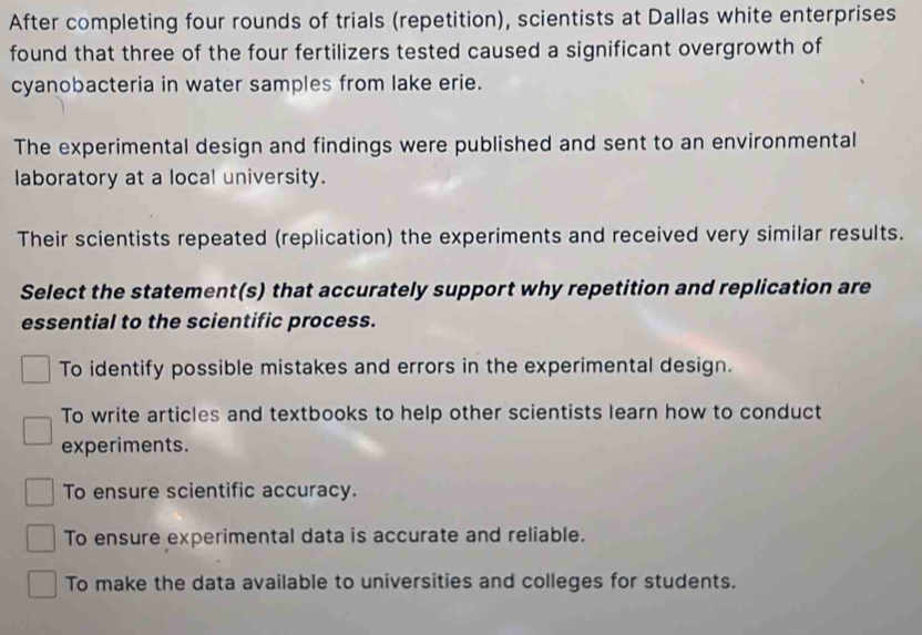 Solved: After completing four rounds of trials (repetition), scientists ...