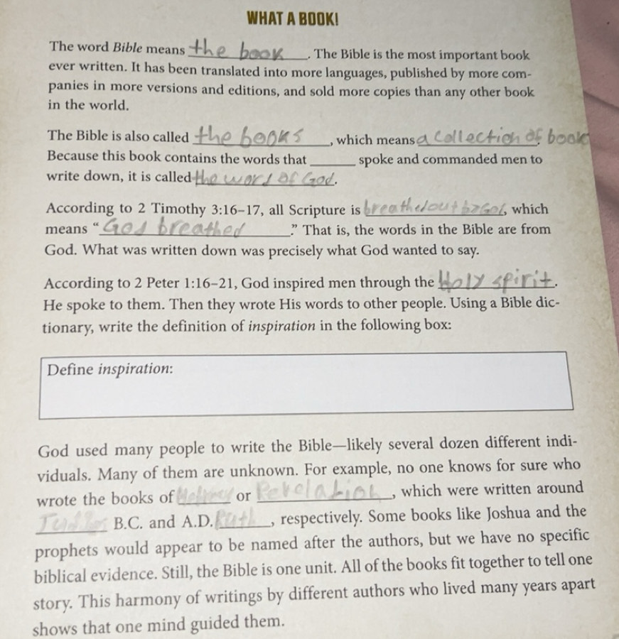 Solved: WHAT A BOOK! The word Bible means _. The Bible is the most ...