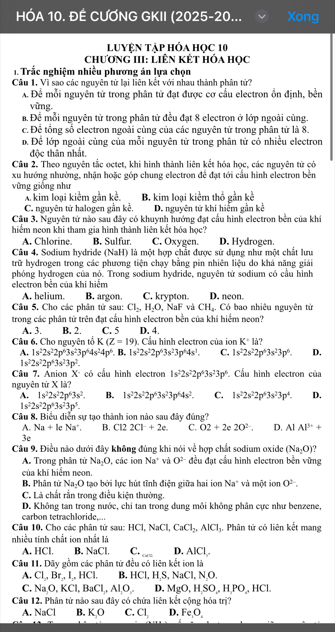 Giải quyết:HÓA 10. ĐÊ CƯƠNG GKII (2025-20... Xong LuYỆN Tập hóa học 10 ...