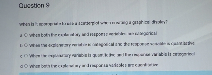 Solved: When is it appropriate to use a scatterplot when creating a graphical display? When both ...