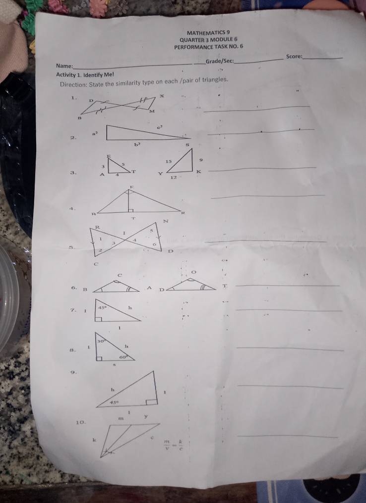 Solved: MATHEMATICS 9 QUARTER 3 MODULE 6 PERFORMANCE TASK NO. 6 _ Score ...
