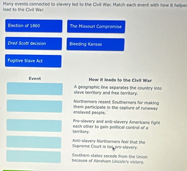 Solved: Many events connected to slavery led to the Civil War. Match ...