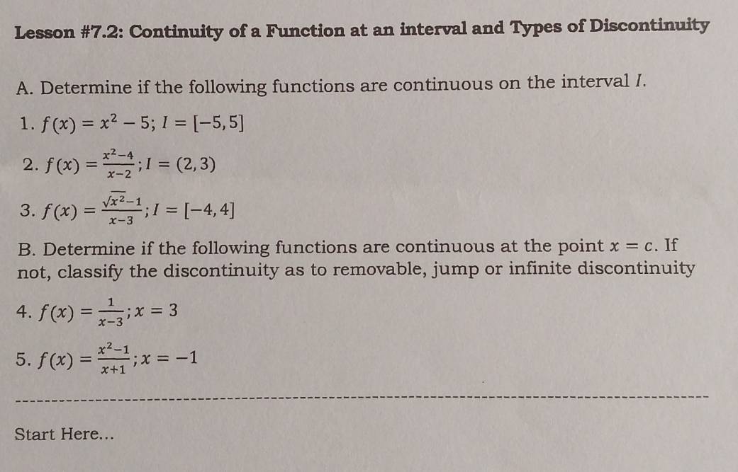 Solved: Lesson #7.2: Continuity of a Function at an interval and Types ...