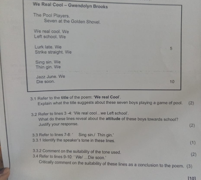 Solved: We Real Cool - Gwendolyn Brooks The Pool Players. Seven at the ...