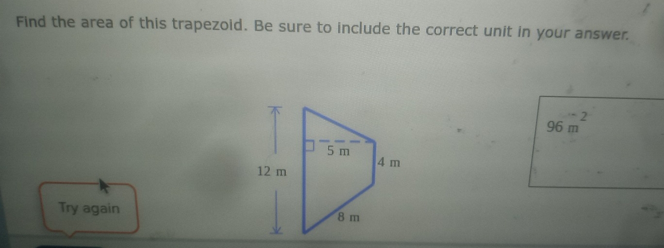 Solved: Find the area of this trapezoid. Be sure to include the correct ...