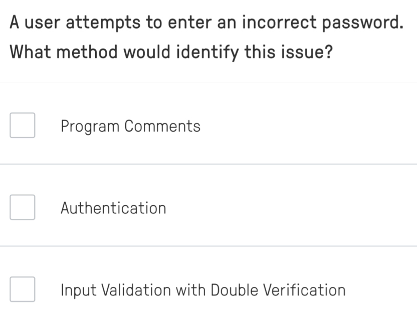 Solved: A user attempts to enter an incorrect password. What method ...