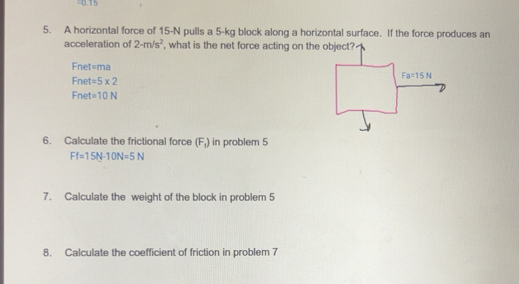 Solved: =0.15 5. A horizontal force of 15-N pulls a 5-kg block along a ...