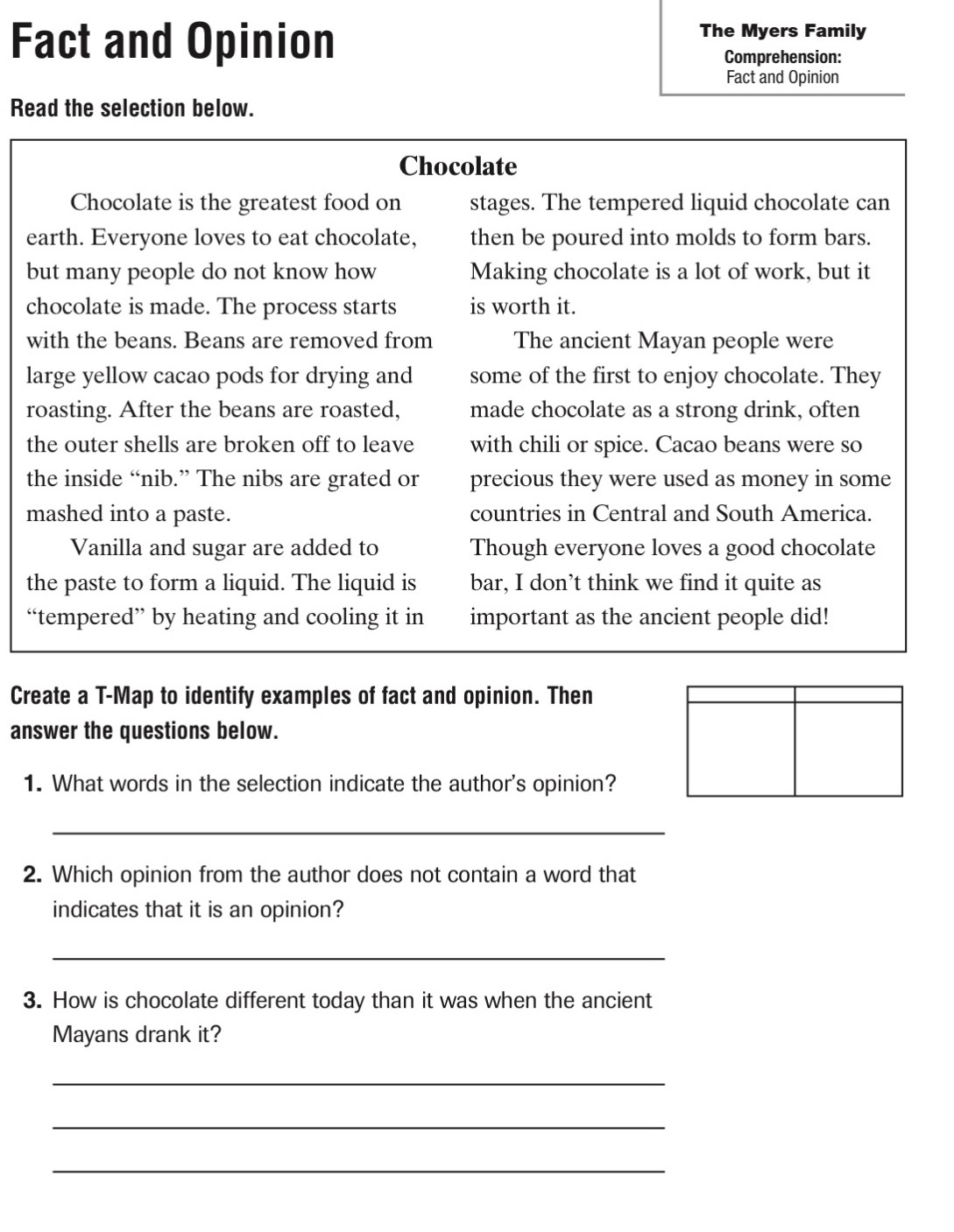 Resuelto:Fact and Opinion The Myers Family Comprehension: Fact and ...
