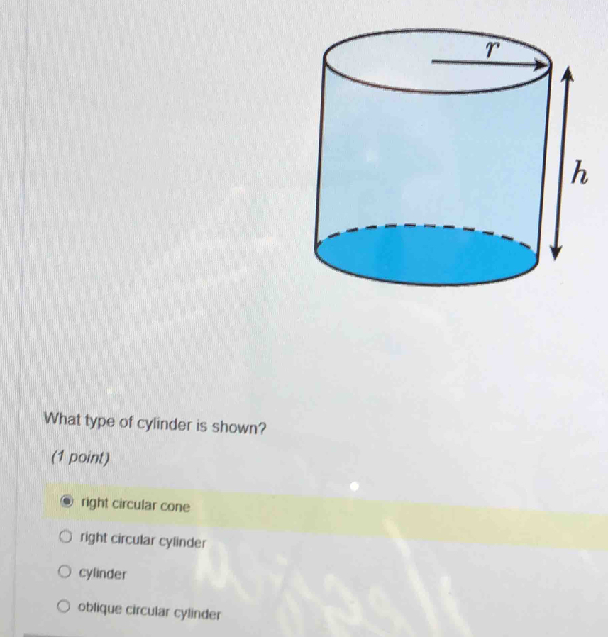 Solved: What type of cylinder is shown? (1 point) right circular cone ...