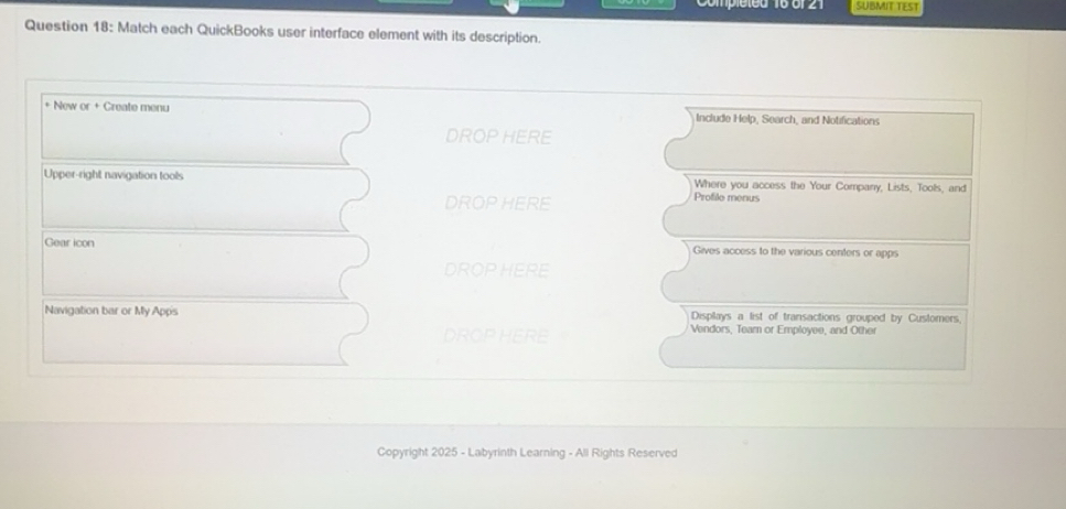 Solved: ompléted 16 of 21 SUBMIT TEST Question 18: Match each ...