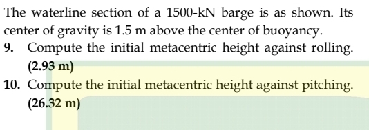 Solved: The waterline section of a 1500-kN barge is as shown. Its ...