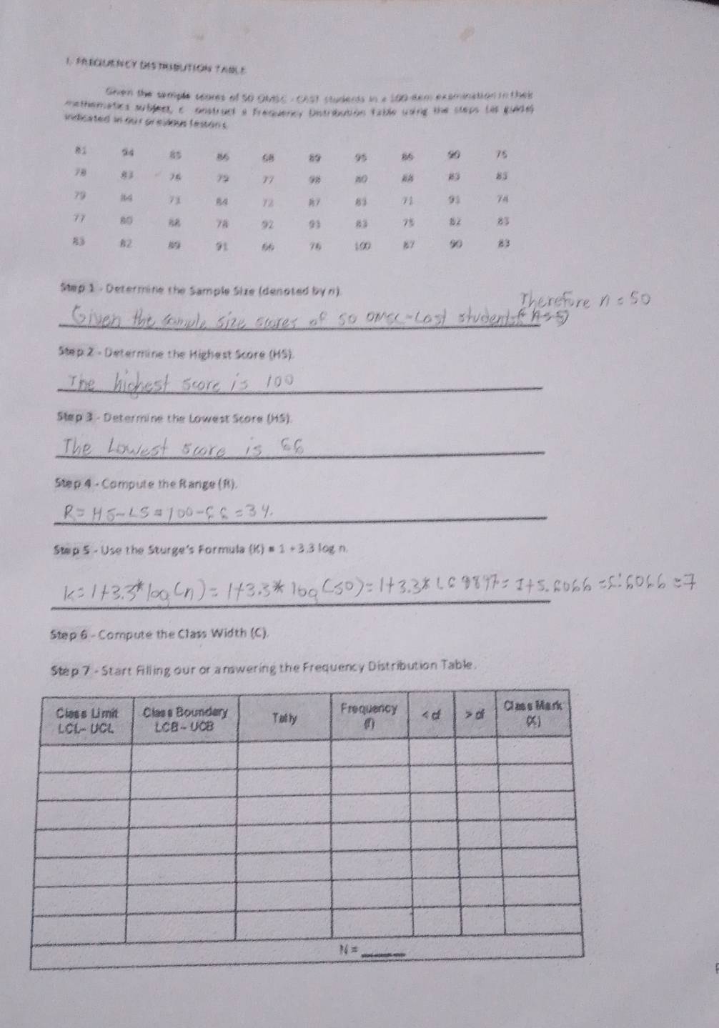 Solved: PREQUENCY DISTRABUTION TABLE Gien the semple scores of 50 OMSC ...