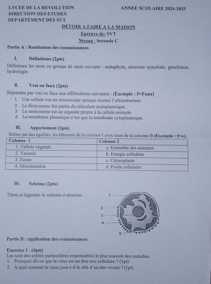 Gelöst:LYCEE DE LA REVOLUTION ANNEE SCOLAIRE 2024-2025 DIRECTION DES ETUDES DEPARTEMENT DES SVT D