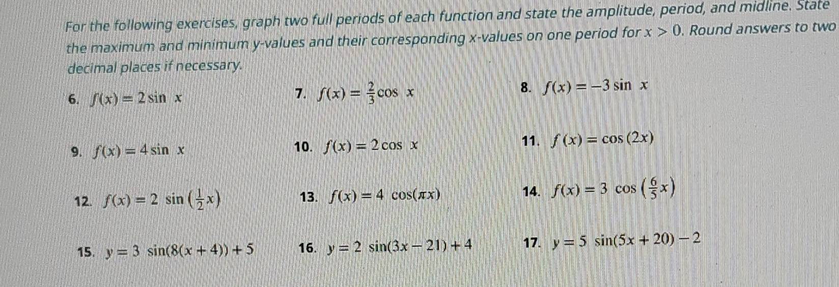 Solved: For the following exercises, graph two full periods of each ...