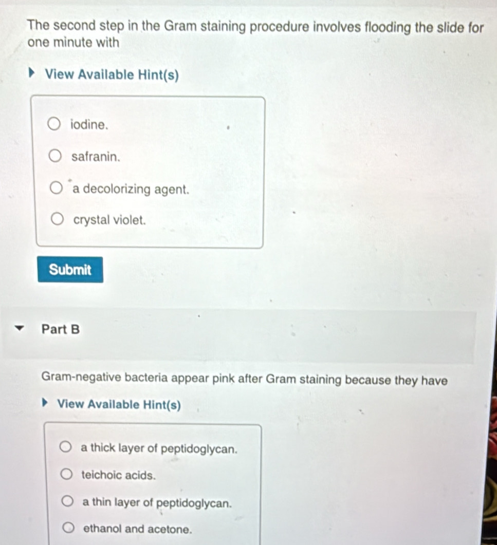 Solved: The second step in the Gram staining procedure involves ...
