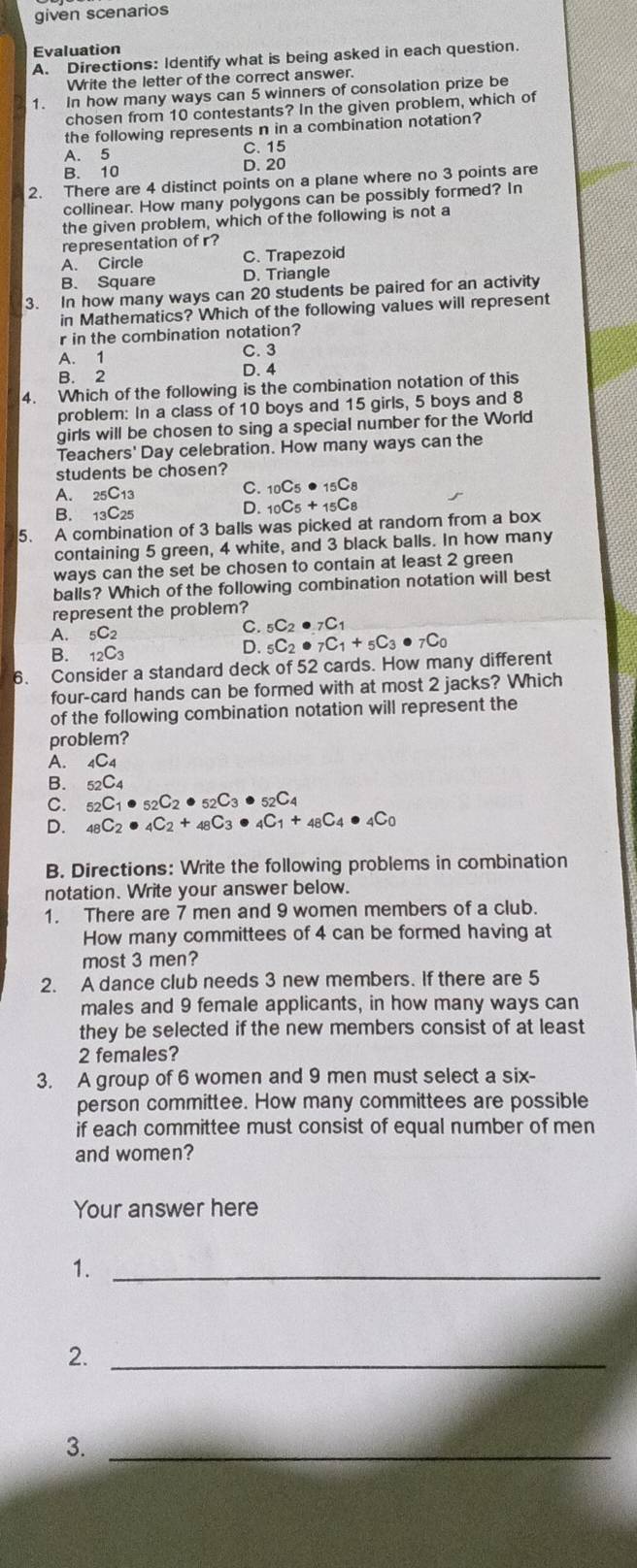 Solved: given scenarios Evaluation A. Directions: Identify what is ...