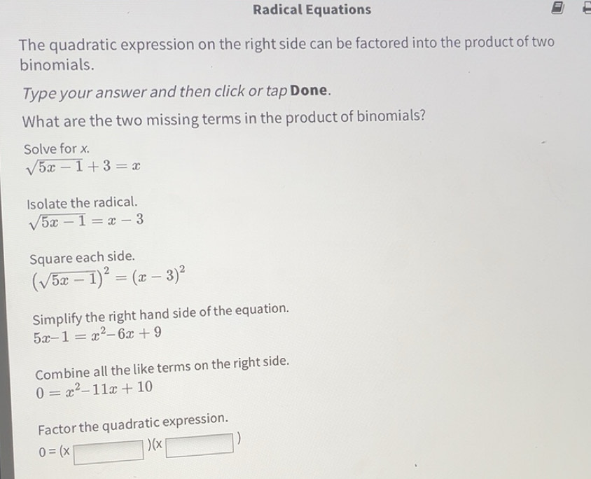Solved: Radical Equations The quadratic expression on the right side ...
