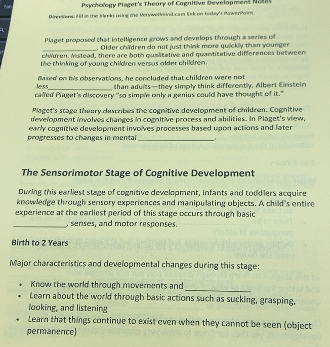 Solved: tab Psychology Piaget’s Theory of Cognitive Development Notes ...